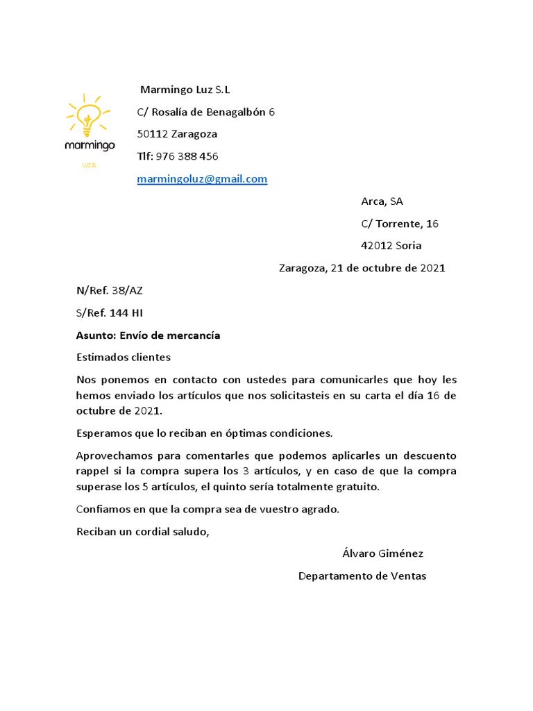 Carta Envio de Mercancia Marmingo Luz Alvaro Gimenez | PDF