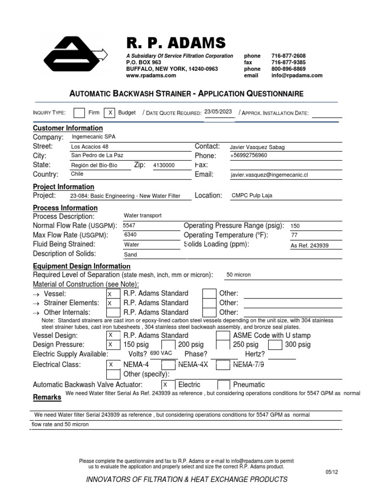 ST-1 Strainer Questionnaire 05-12-1 | PDF | Filtration | Water