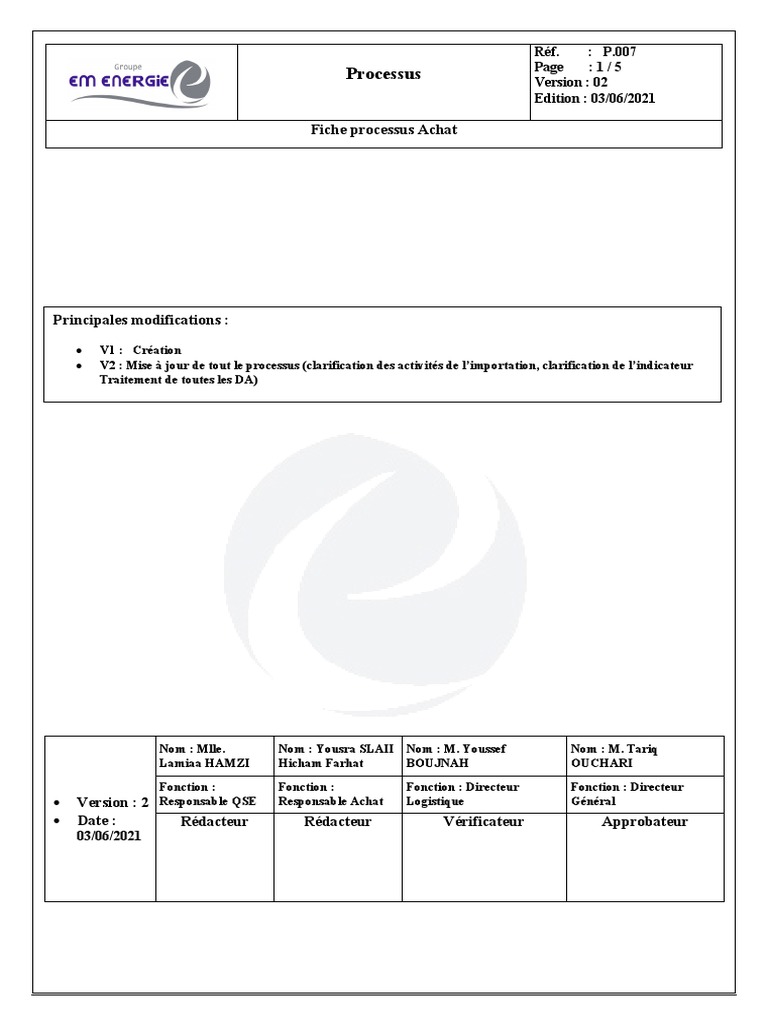 P.007 - Fiche Processus Achat | PDF | Processus d'affaires | Économie