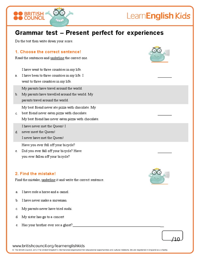 Grammar Practice Present Perfect Experiences | PDF