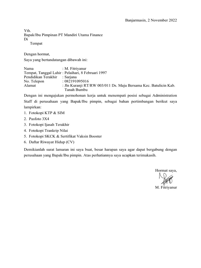 Lamaran PT Mandiri Utama Finance | PDF
