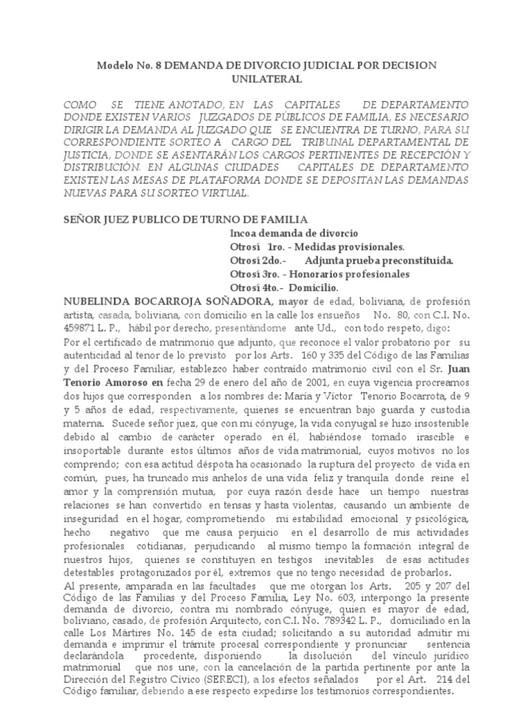 Modelo No. 8 Demanda de Divorcio Judicial Por Decision Unilateral | PDF | Divorcio | Familia