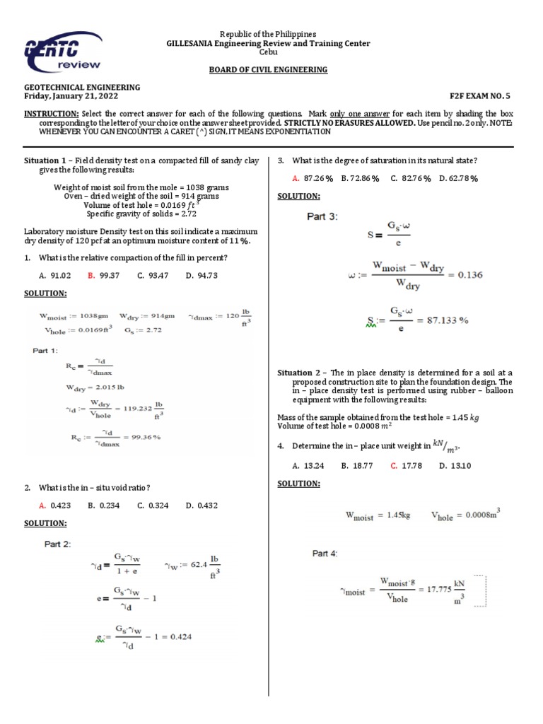 Geotech - Exam 5 (f2f) - Solutions | PDF | Density | Horticulture