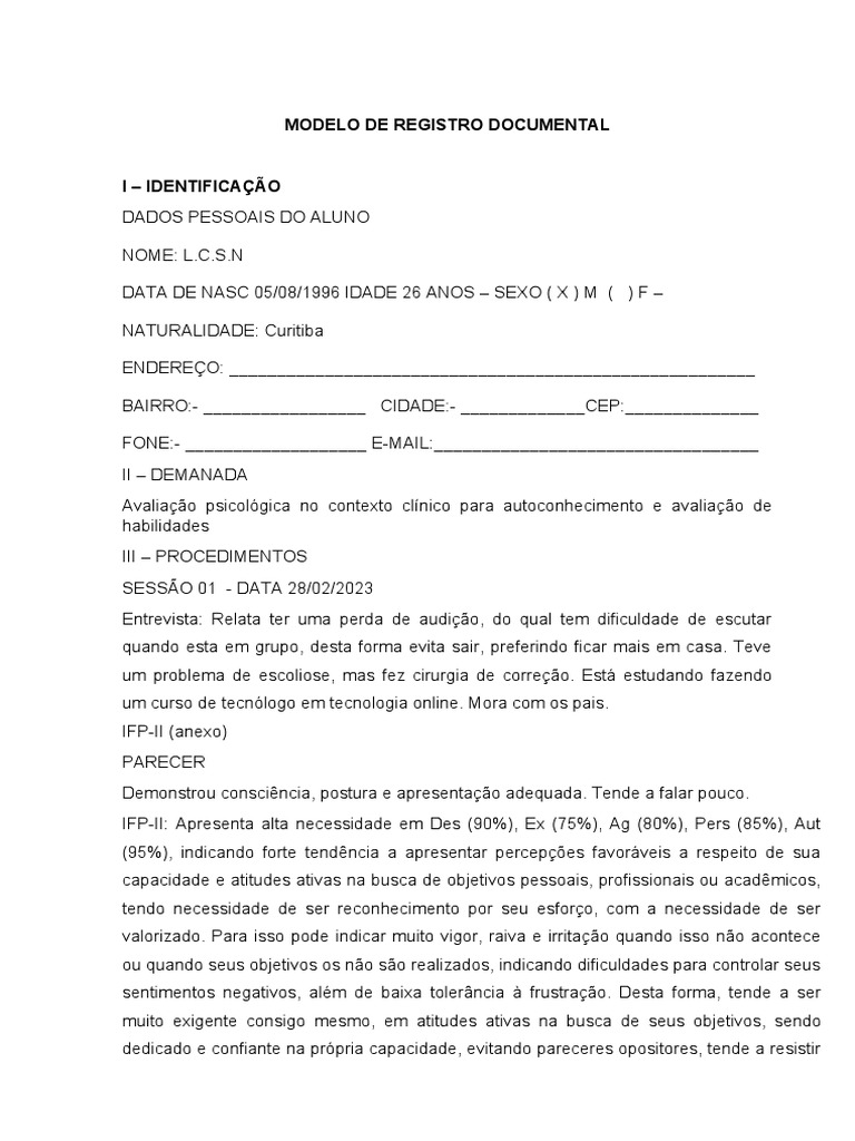Modelo de Registro Documental | PDF | Psicologia | Ciência cognitiva