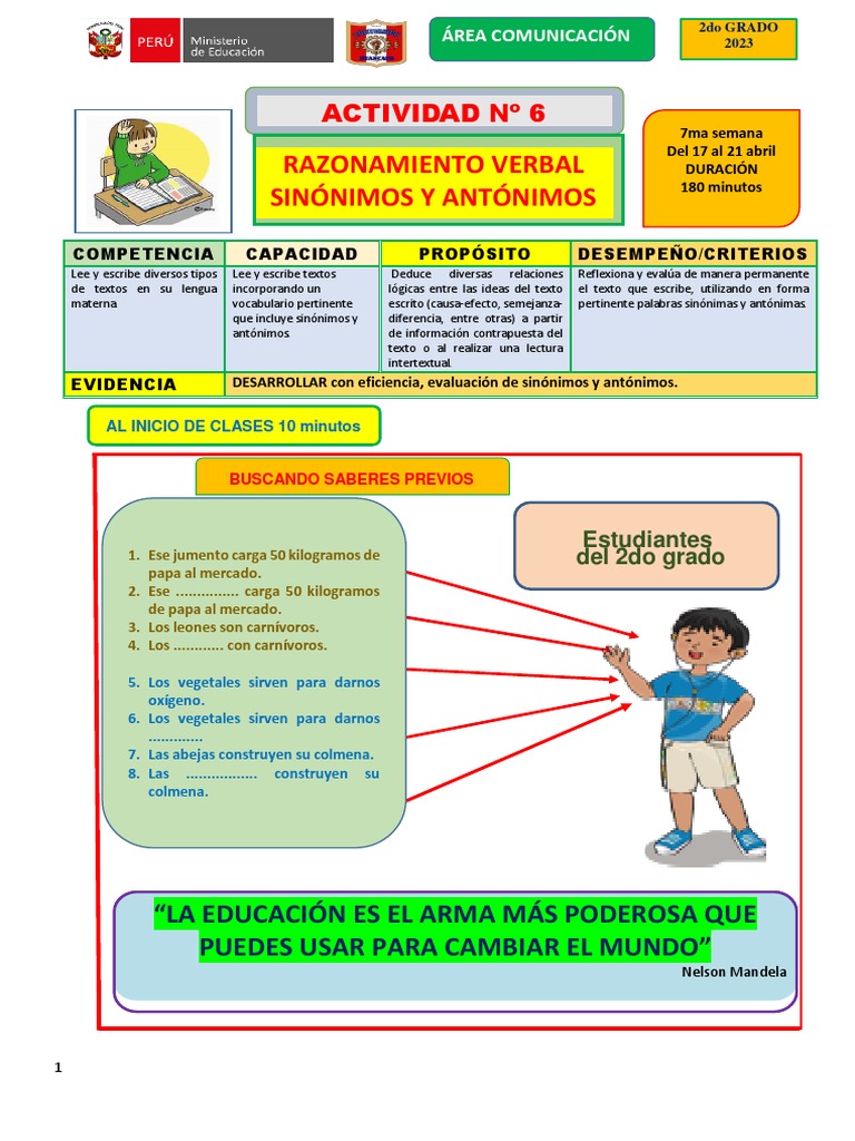 6º Act. Razonamiento Verbal Sinonimos y Antónimos | PDF