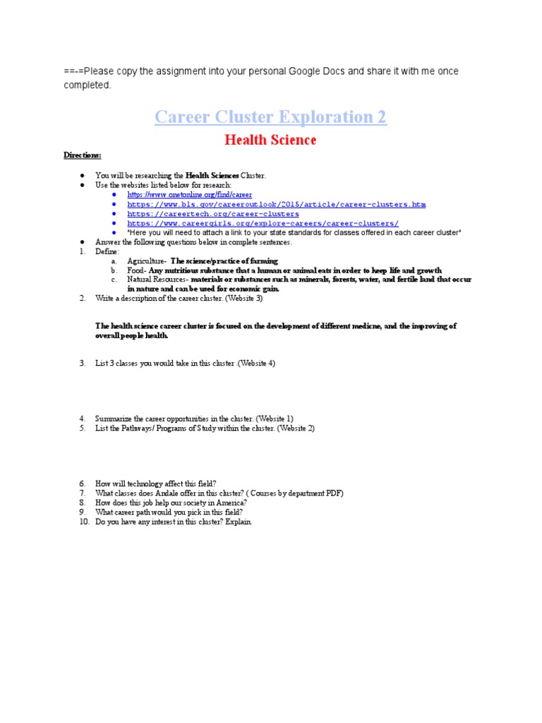Health Science Career Cluster Assignment | PDF