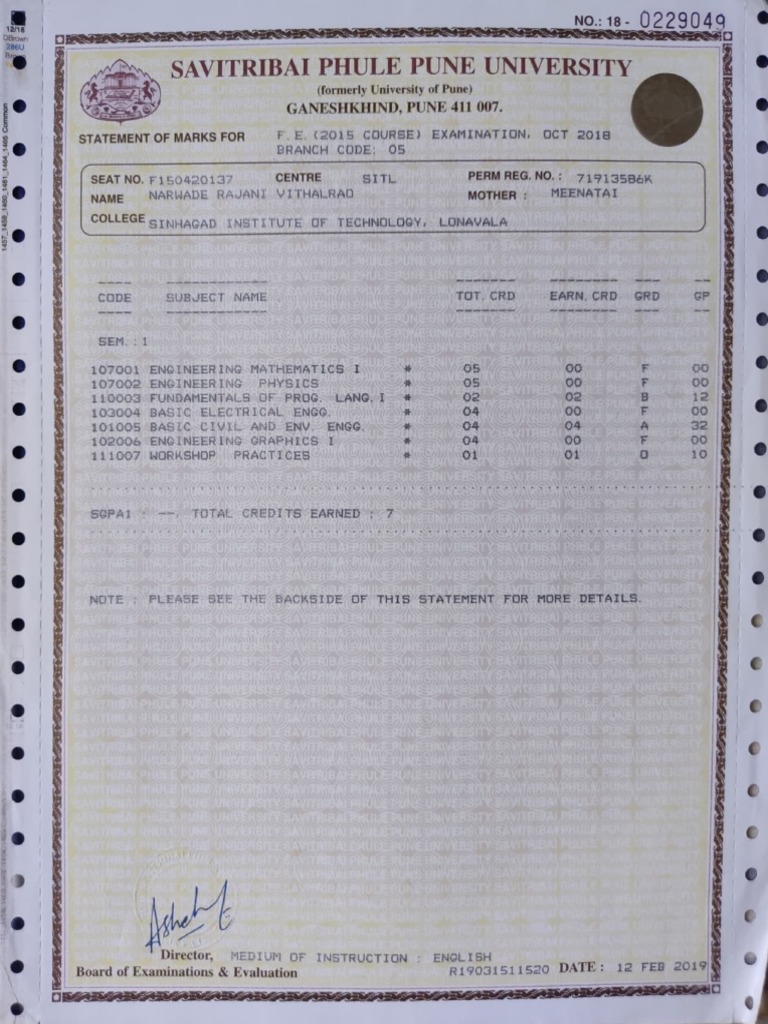 Final Marksheet Pdf Computer Science Engineering