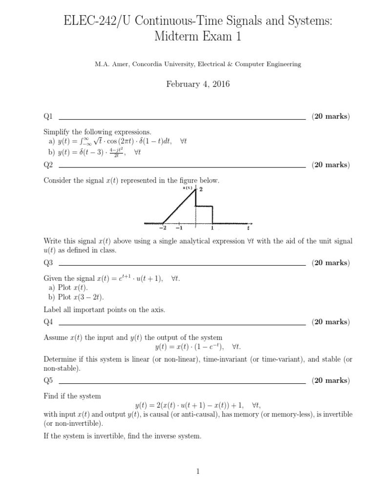 ELEC242-U Midterm I Exam - W16 - Solution | PDF