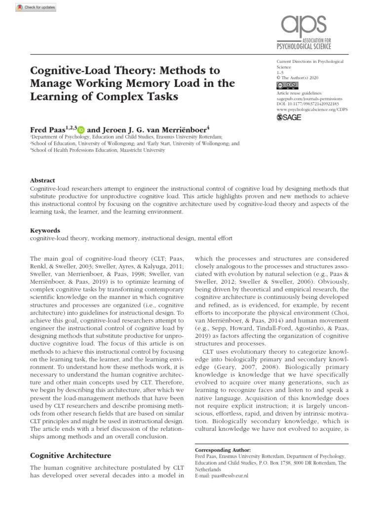 Cognitive-Load Theory Methods To Manage Working Me | PDF | Learning | Cognition