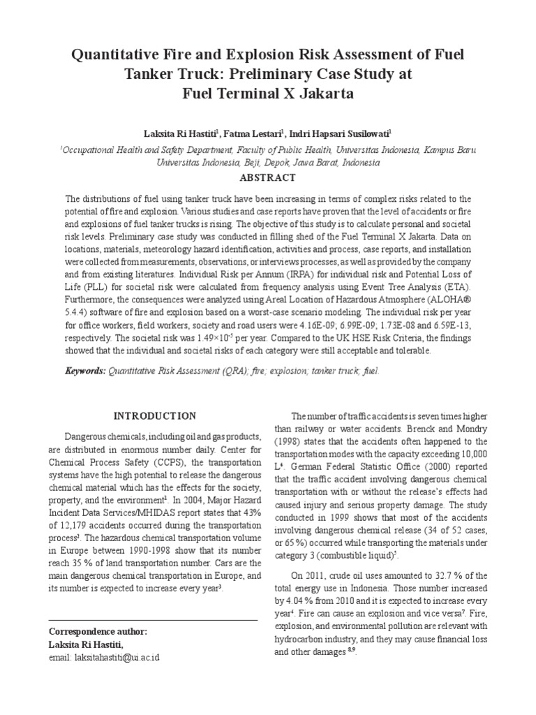 Quantitative Fire and Explosion Risk Assessment of Fuel Tanker Truck ...
