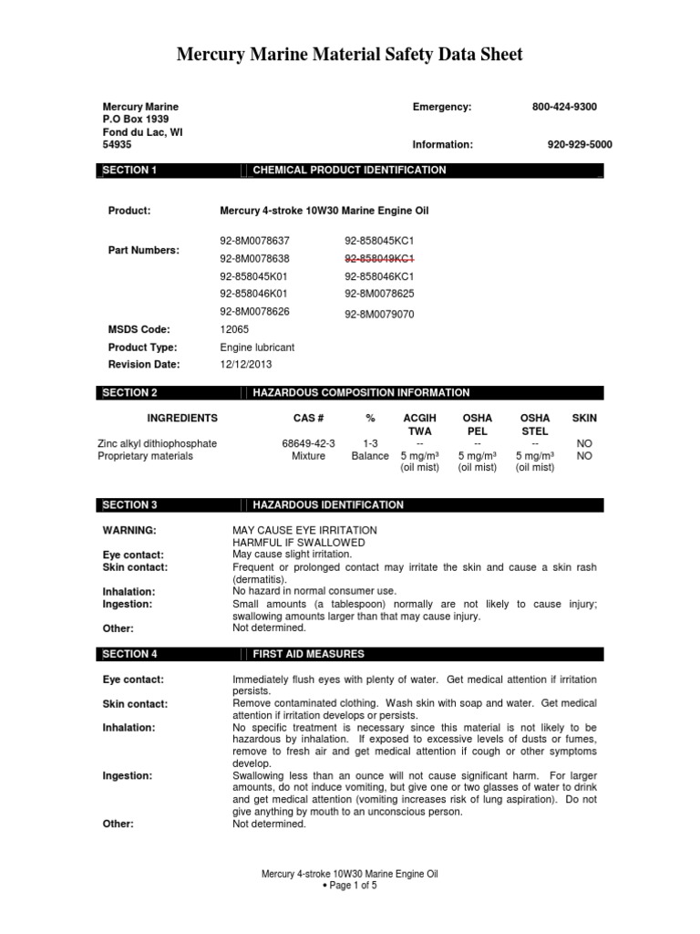 Mercury 4t Oil MSDS | PDF | Combustion | Firefighting