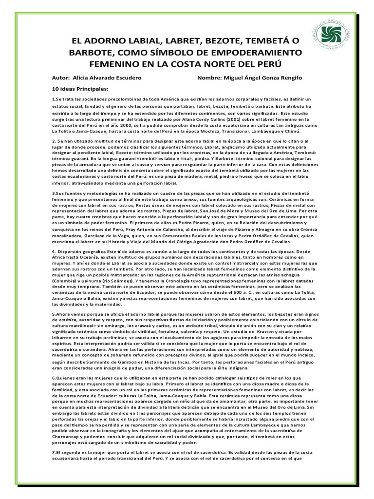 EL ADORNO LABIAL, LABRET, BEZOTE, TEMBETÁ O BARBOTE, COMO SÍMBOLO DE EMPODERAMIENTO FEMENINO EN ...
