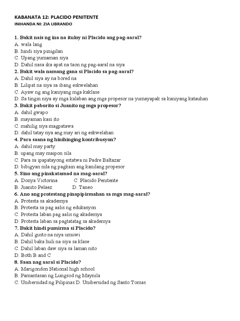 KABANATA 12 El Fili Questionnaire | PDF