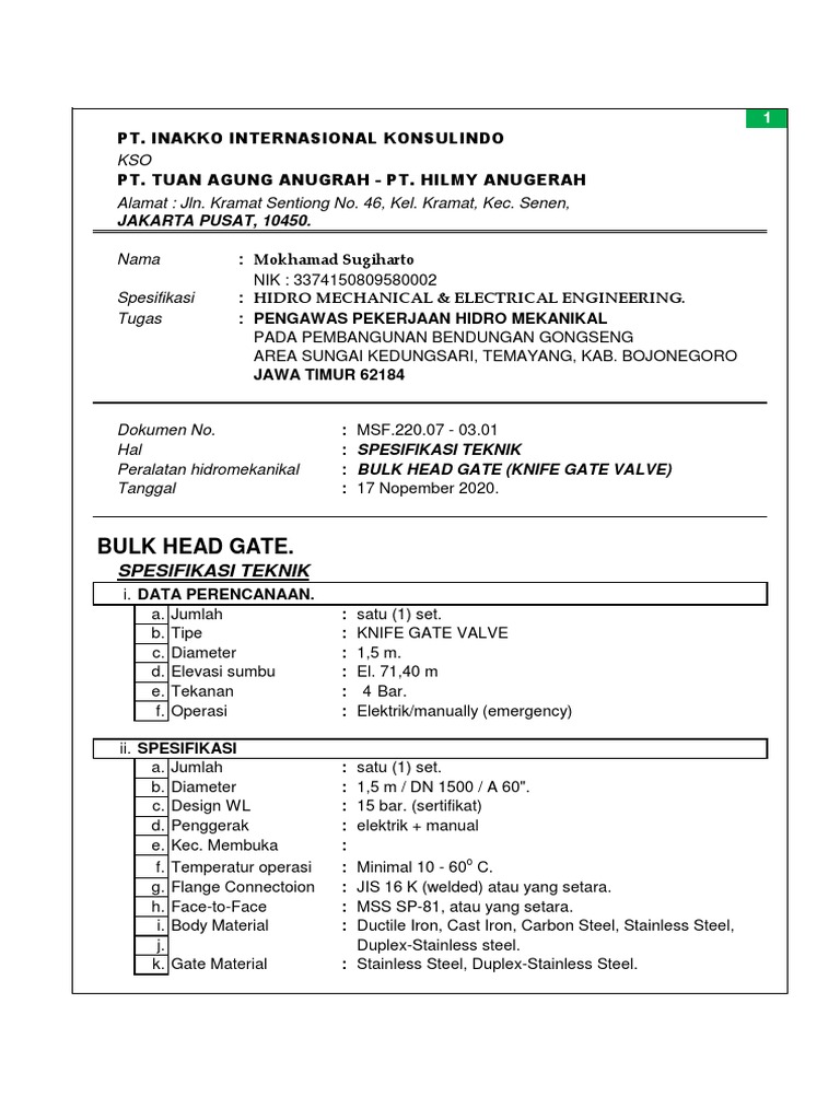Spek Tek Head Bulk Valve (Kneef Gate Valve) | PDF