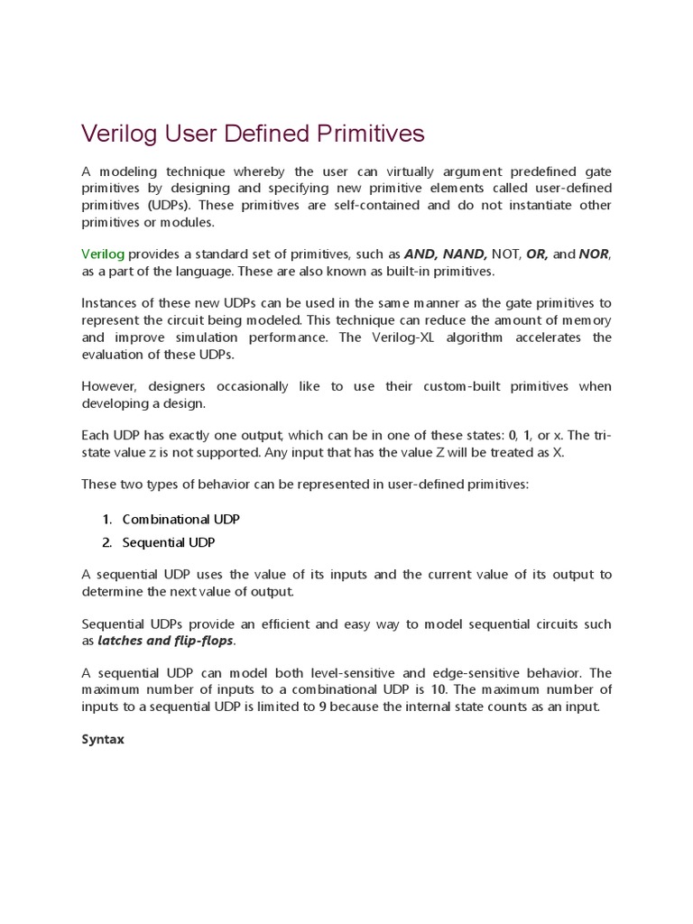 Verilog User Defined Primitives | PDF | Logic Gate | Computer Science