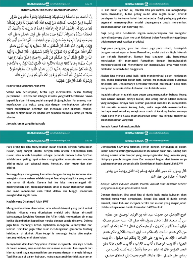 Khutbah Jumat Bahasa Indonesia - Renungan Akhir Sya'ban Jelang Ramadhan | PDF