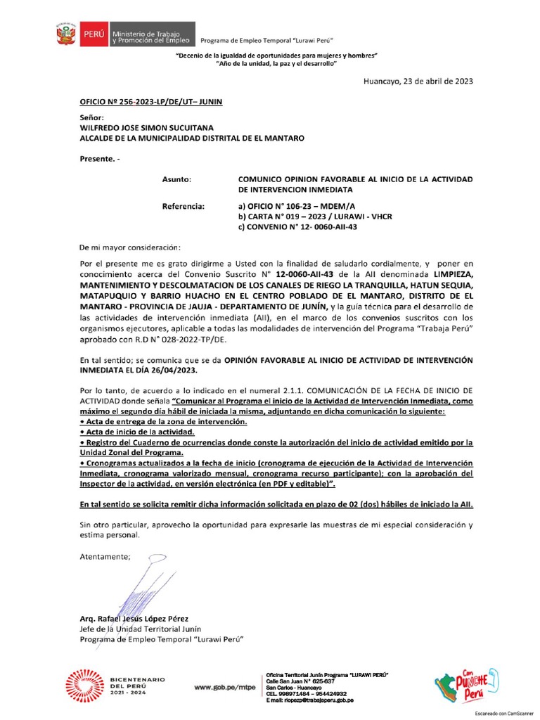 Oficio Lurawi Peru - Autorizando El Inicio de La Actividad | PDF