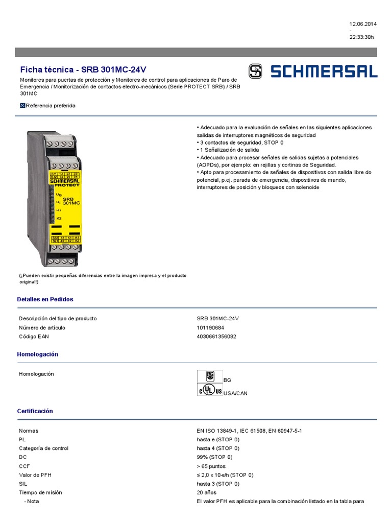 Rele de Seguridad Monitores - SRB 301MC-24V Schmersal | PDF | Relé ...