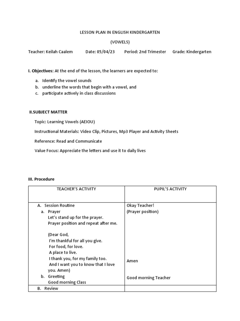 Lesson Plan Kindergarten | PDF | Lesson Plan | Teachers