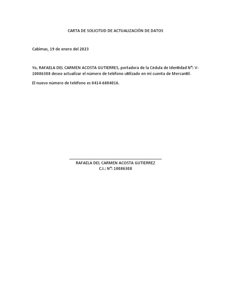 Carta de Solicitud de Actualización de Datos | PDF Carta de Solicitud de Actualización de Datos | PDF