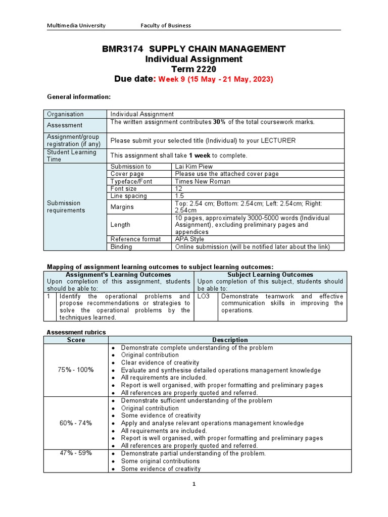 Individual Assignment Instructions - BMR3174 2220 | PDF | Lean Manufacturing | Supply Chain ...