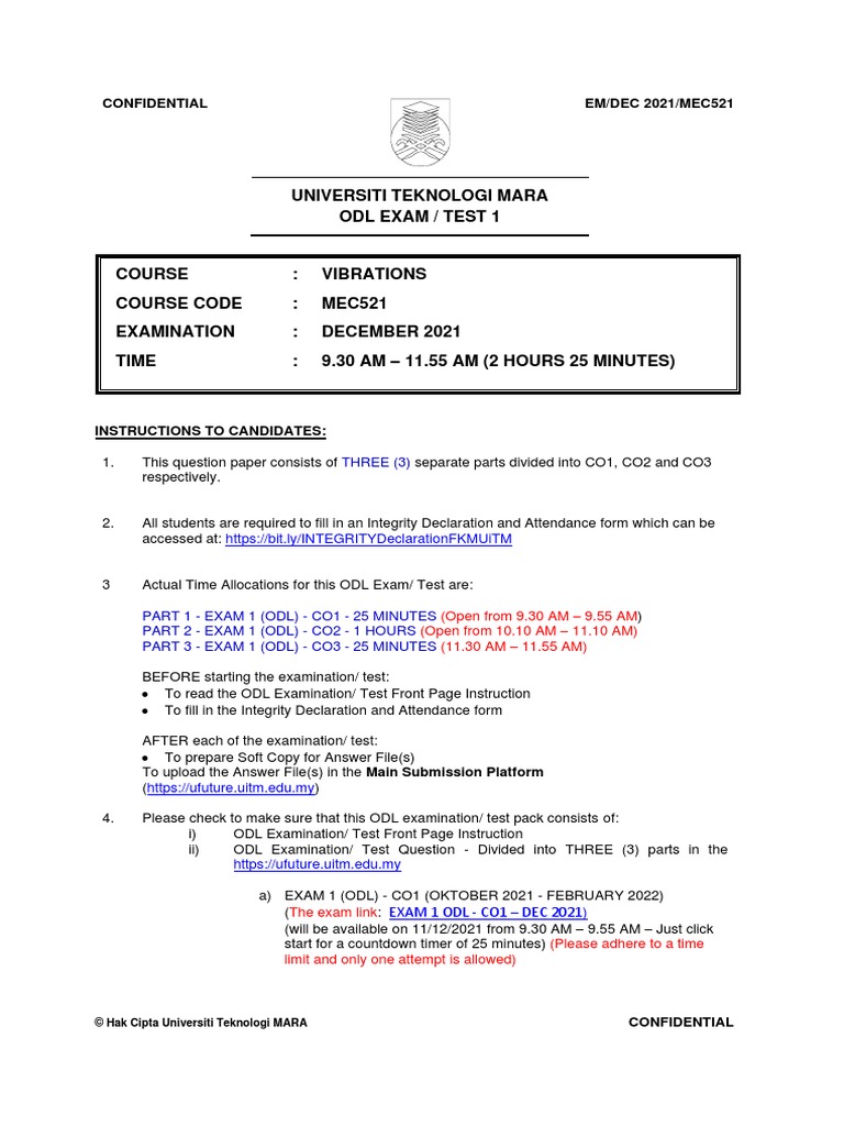 MEC521 Vibrations ODL Exam Instructions | PDF | Mechanics | Applied And ...