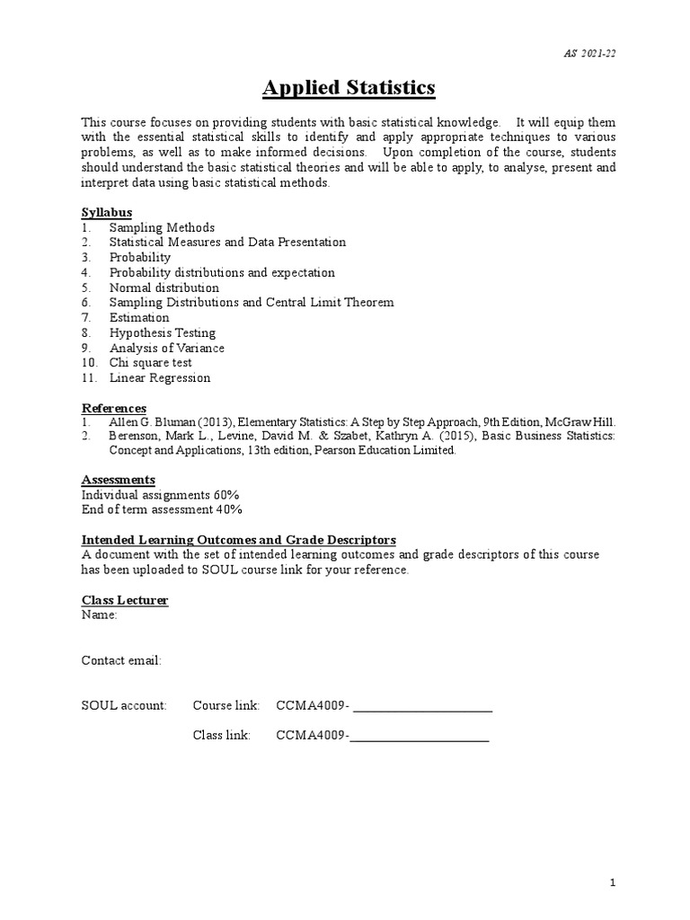 AS Lecture Note 2021 | PDF | Sampling (Statistics) | Statistics