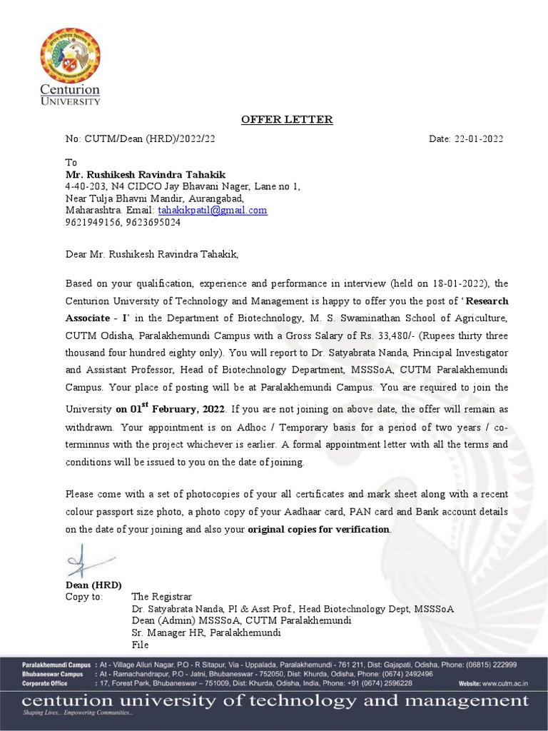 Offer Letter For Project Associate-I (MR - Rushikesh Ravindra Tahakik ...