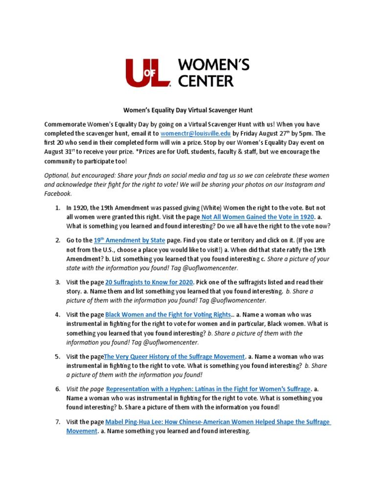 UofL Women's Equality Day Hunt | PDF | Women's Suffrage | Suffrage