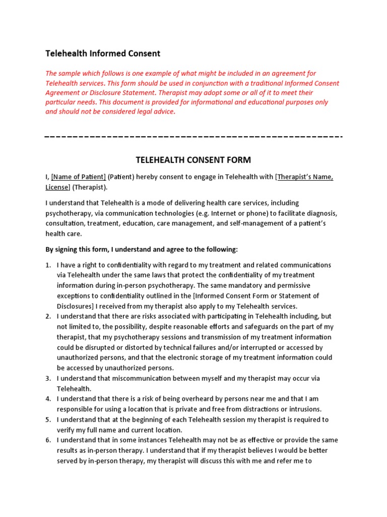 Sample Telehealth Consent Form | PDF | Psychotherapy | Informed Consent