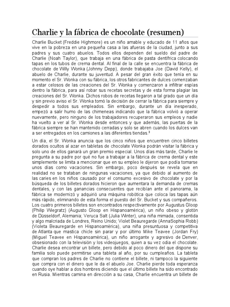 Charlie y La Fábrica de Chocolate Resumen | PDF