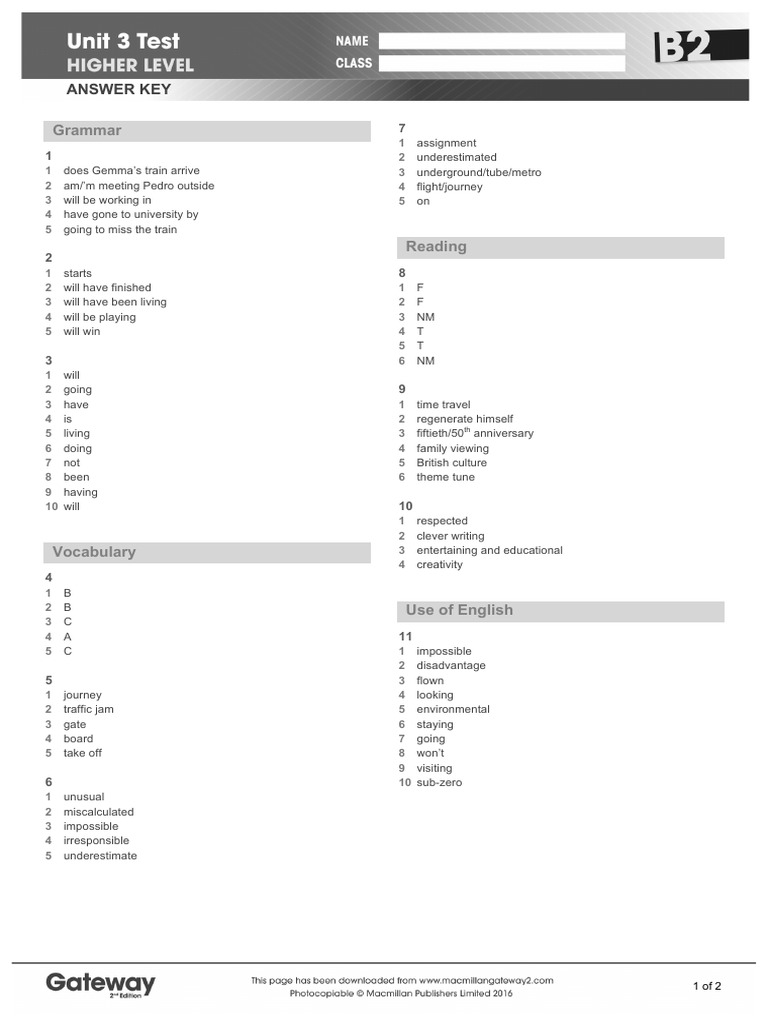 B2 UNIT 3 Test Answer Key Higher | PDF | Cognitive Science | Human ...