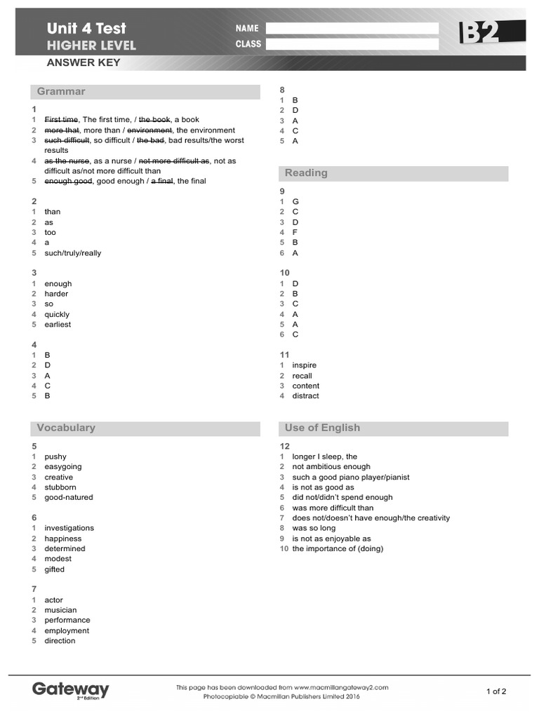 B2 UNIT 4 Test Answer Key Higher | PDF | Cognition | Cognitive Science
