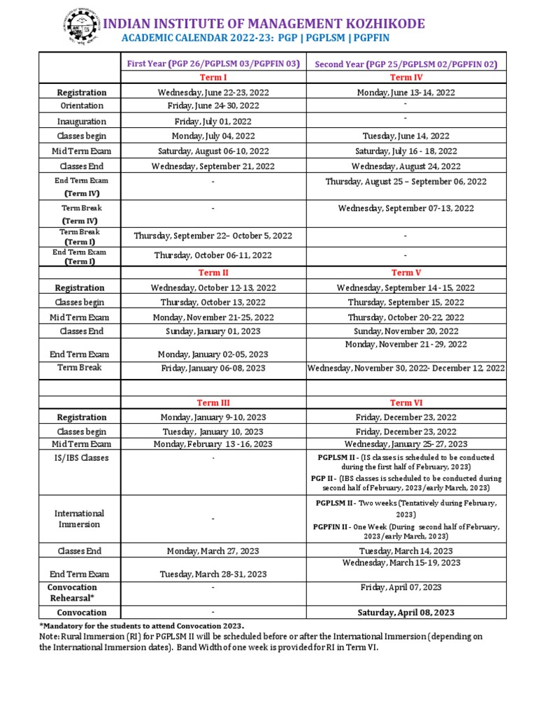 Academic Calendar 2022-23 - PGP, PGP-LSM and PGP-F - 20220601021007 | PDF | Academic Term ...