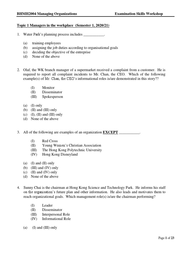 MCQ Exercise (Topic 1 6) Questions-2021 S1 | PDF | Organizational Culture | Economies
