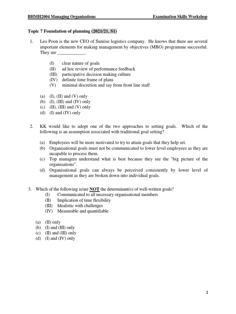 MCQ Exercise (Topic 7 - 12) Questions 2021 S1 | PDF | Leadership ...