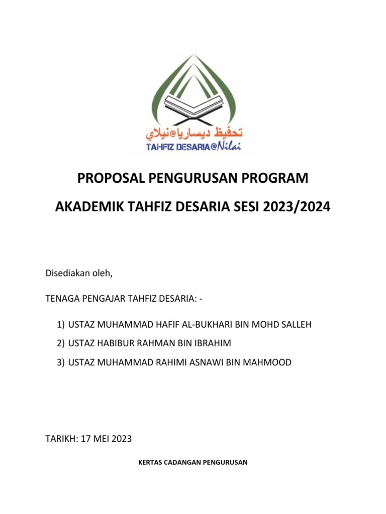 Proposal Pengurusan Akademik Tahfiz Desaria 2023 & 2024 | PDF