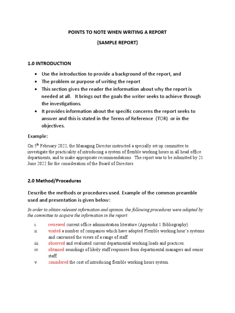 Document On Points To Consider On Report Writing PDF Working Time 