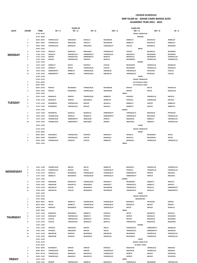 SMP Islam Al-Azhar Cairo Banda Aceh 2021-2022 Schedule | PDF