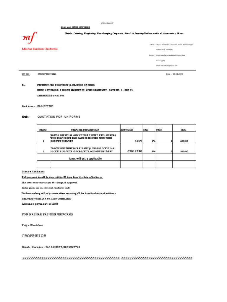 NBHC Quotation | PDF | Dress Codes | Clothing