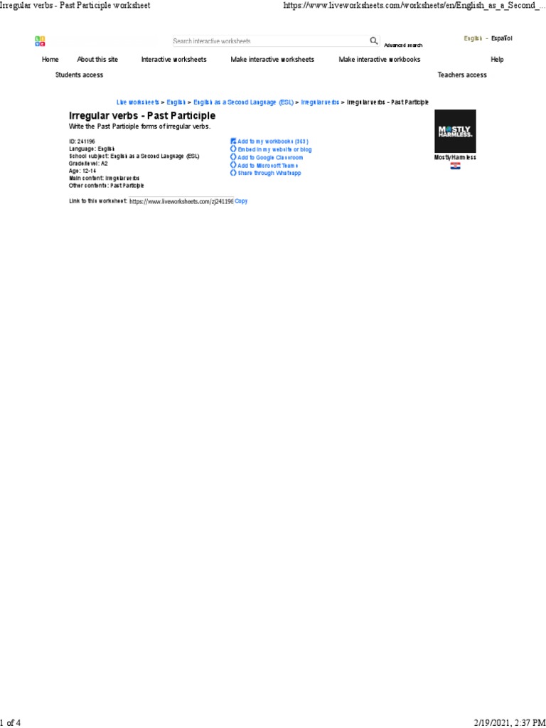 Irregular Verbs - Past Participle Worksheet | PDF | Verb | English As A ...