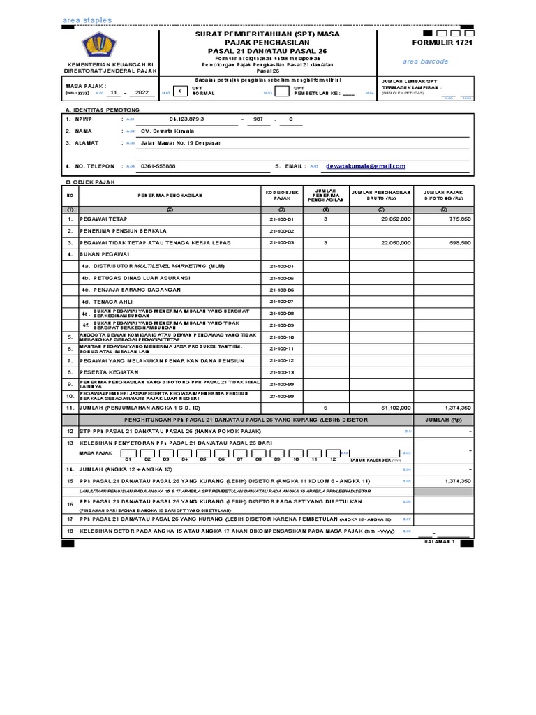 Formulir SPT Masa NOVEMBER | PDF