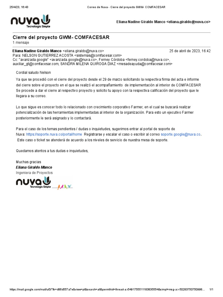 Cierre Proyecto GWM-COMFACESAR | PDF