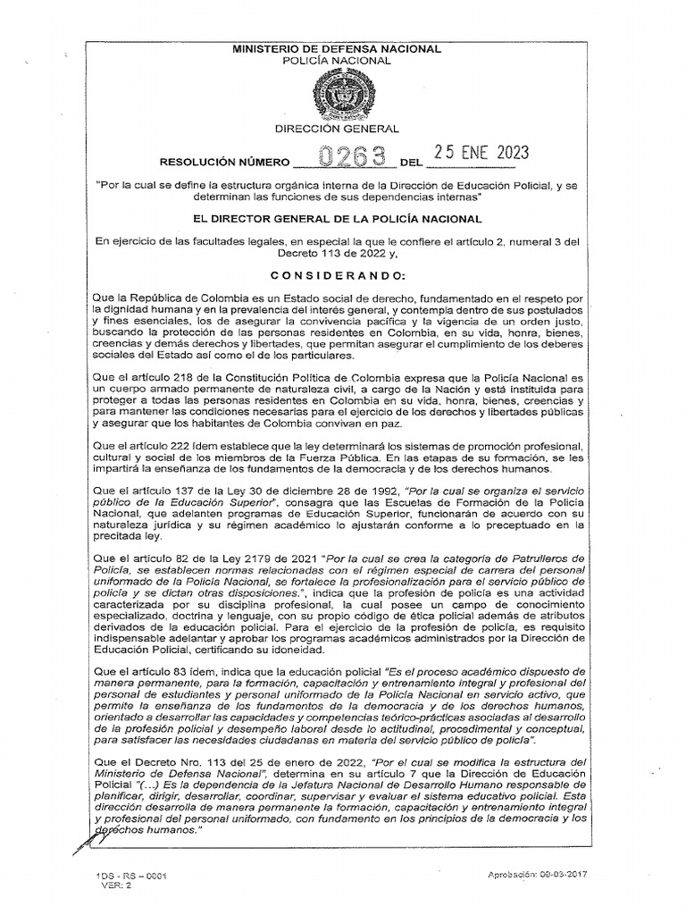 Resolución No. 0263 Del 25 de Enero de 2023 Estructura Orgánica DIEPO | PDF