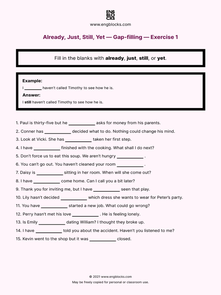 Already Just Still Yet Gap Filling Exercise 1 | PDF