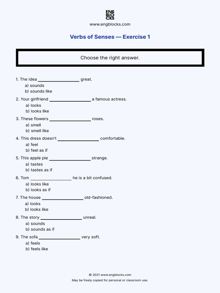 Verbs of Senses Exercise Worksheet | PDF | Language Arts & Discipline