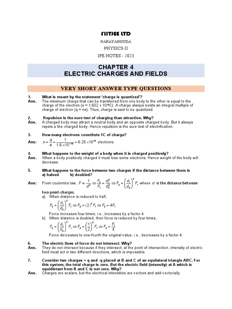 Important Questions on Electric Charges | PDF | Electric Field ...