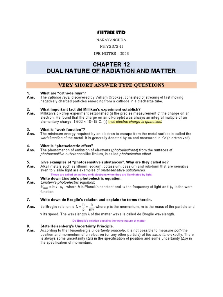 SR Inter IPE Question Bank Chapter-XII (DUAL NATURE OF RADIATION AND ...