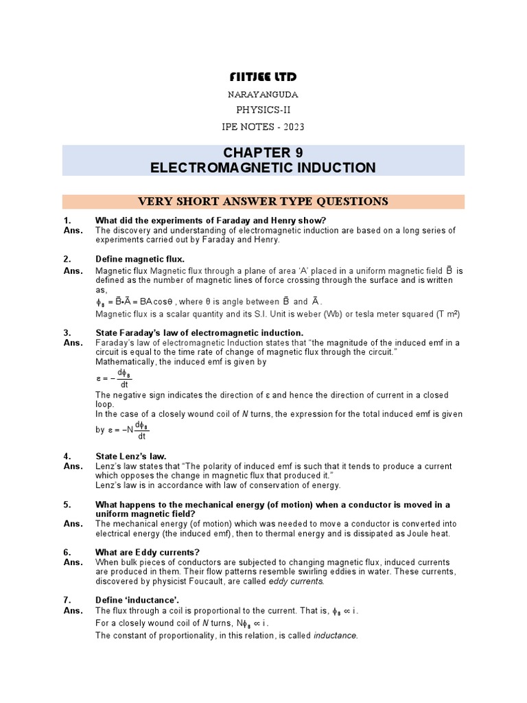 SR Inter Ipe Question Bank Chapter-Ix (Electromagnetic Induction) | PDF | Electromagnetic ...