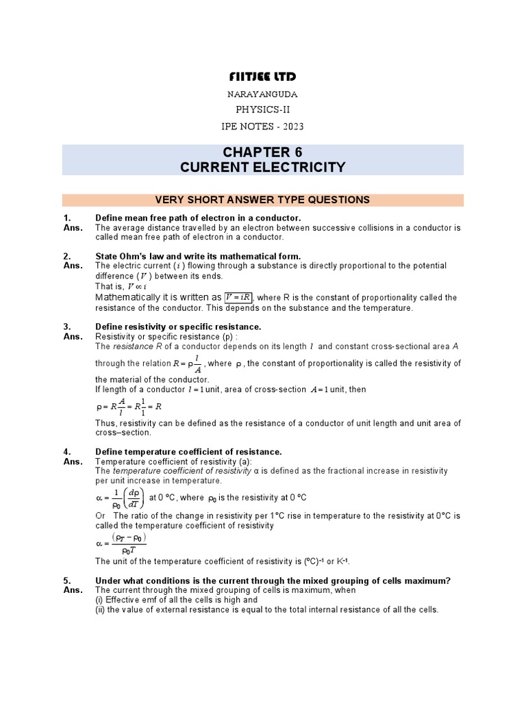SR Inter Ipe Question Bank Chapter-Vi (Current Electricity) | PDF | Electrical Resistivity And ...
